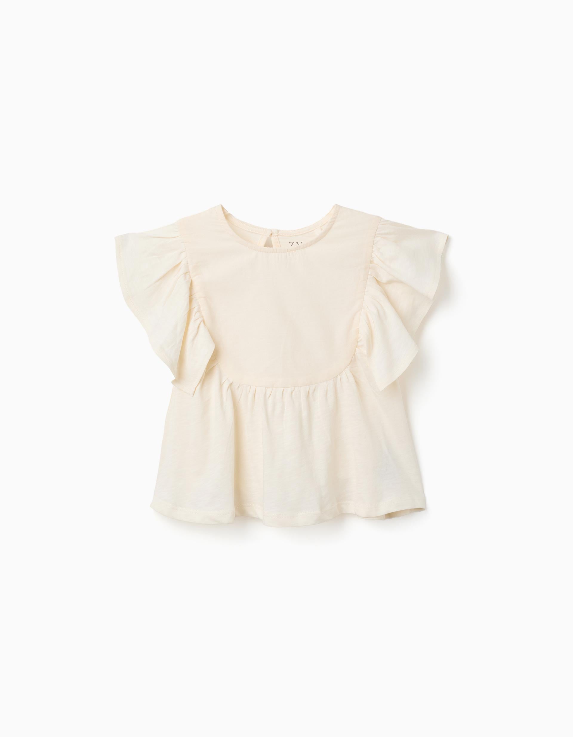 Cotton T-shirt with ruffled sleeves for girls, light beige – ZIPPY