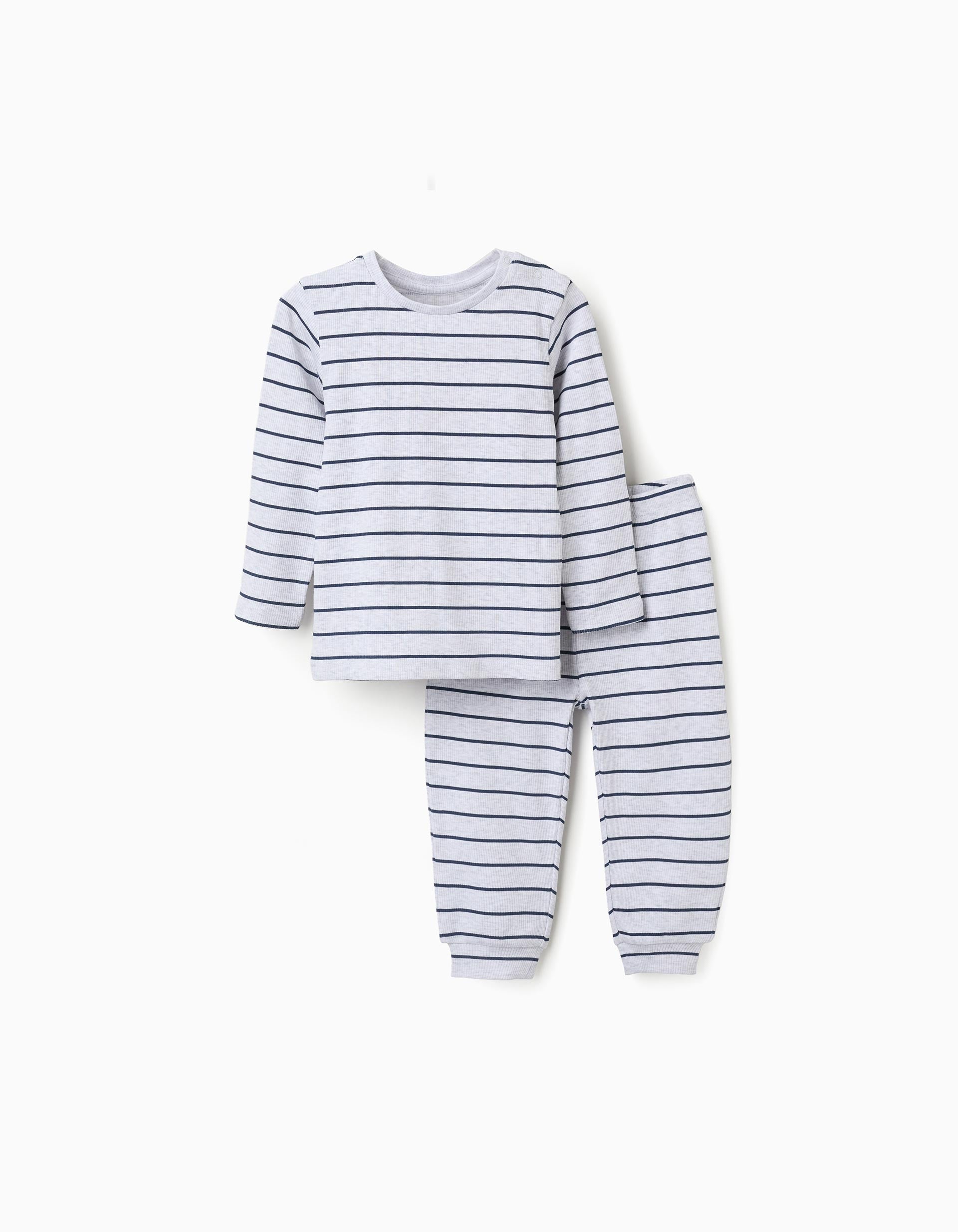 Long sleeve ribbed pyjamas with stripes for newborn and baby boys, gre ...