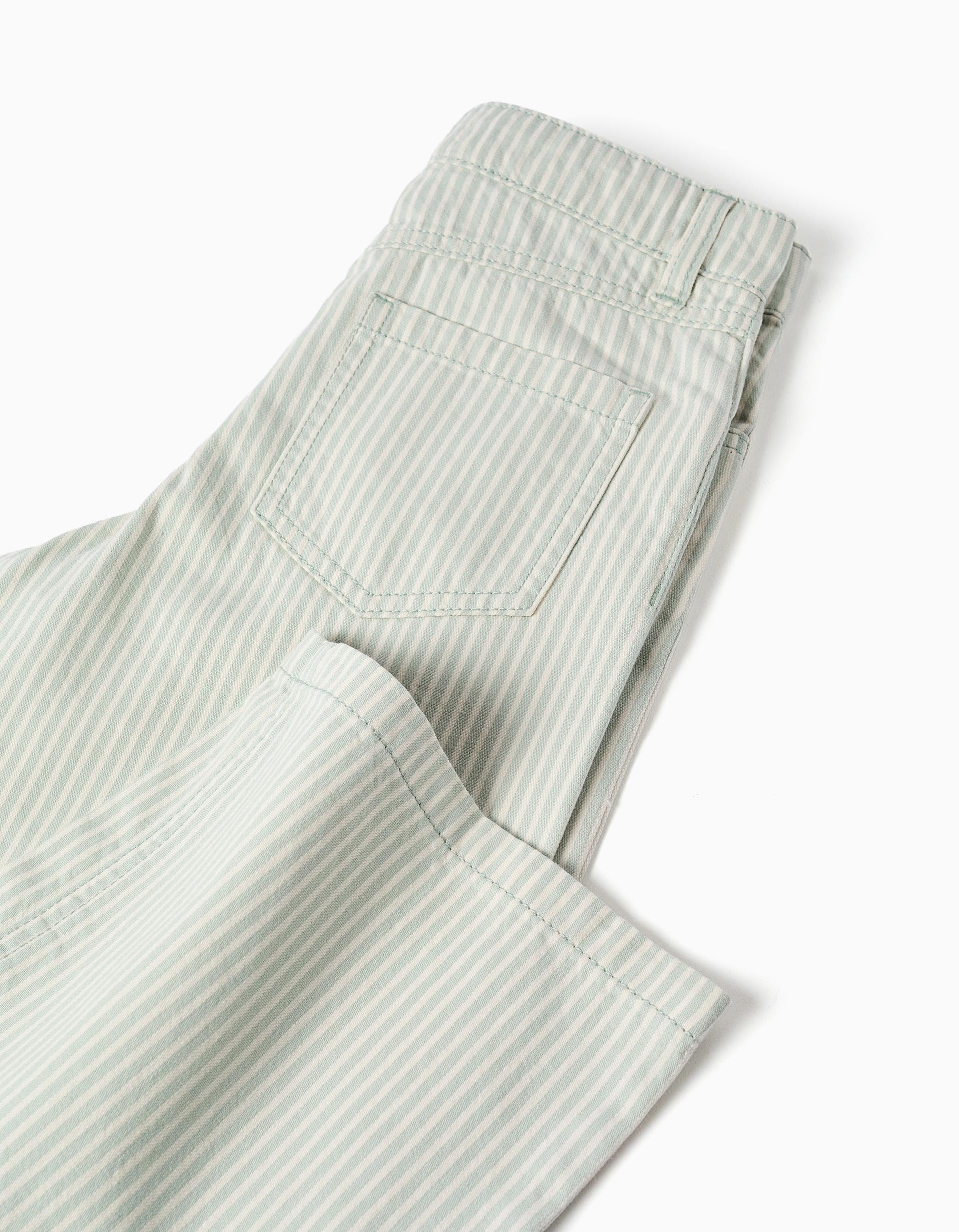 Wide leg cotton trousers with stripes for girls, light green/white – ZIPPY
