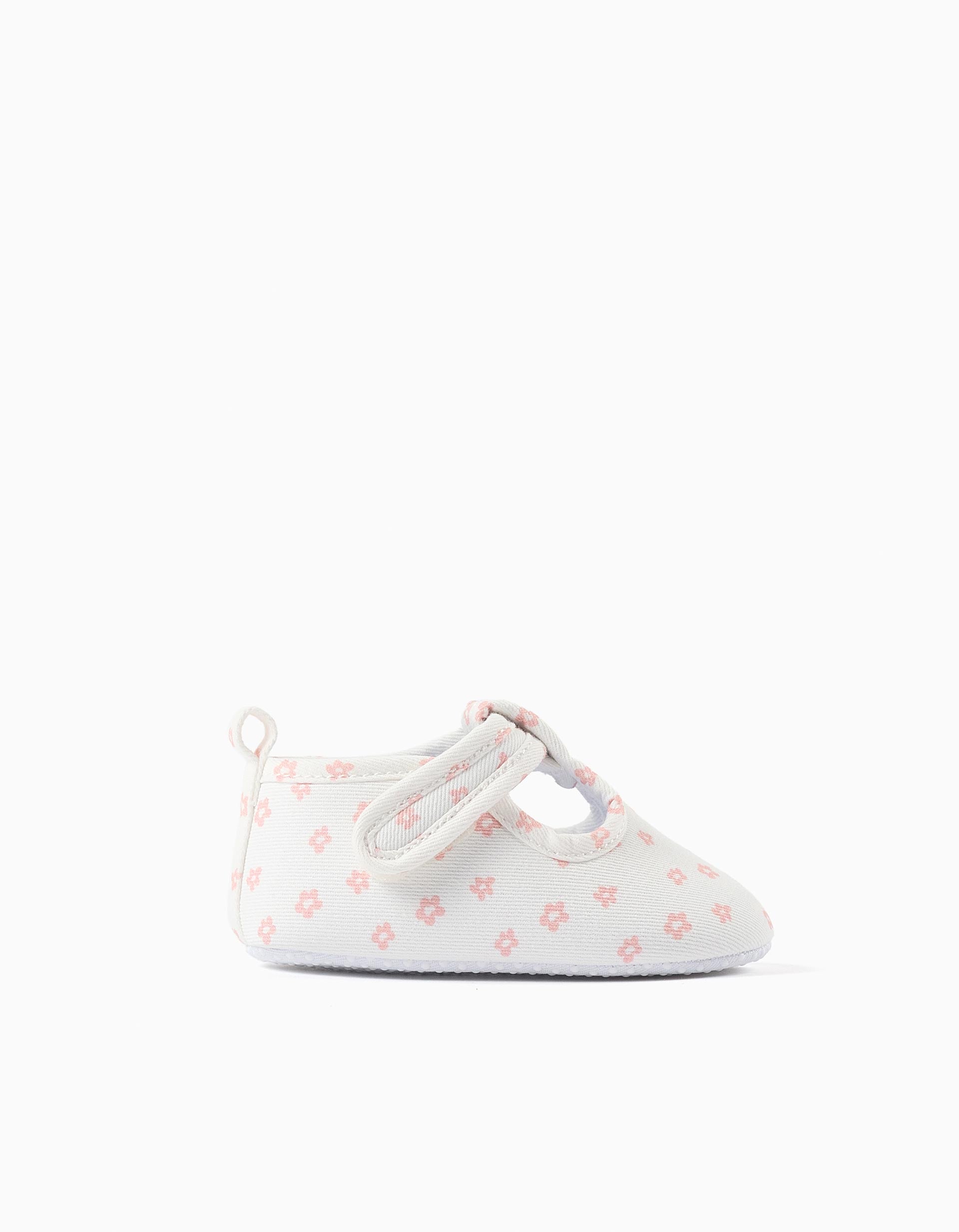 Canvas T-bar shoes with floral motif for newborn girls, white/pink – ZIPPY