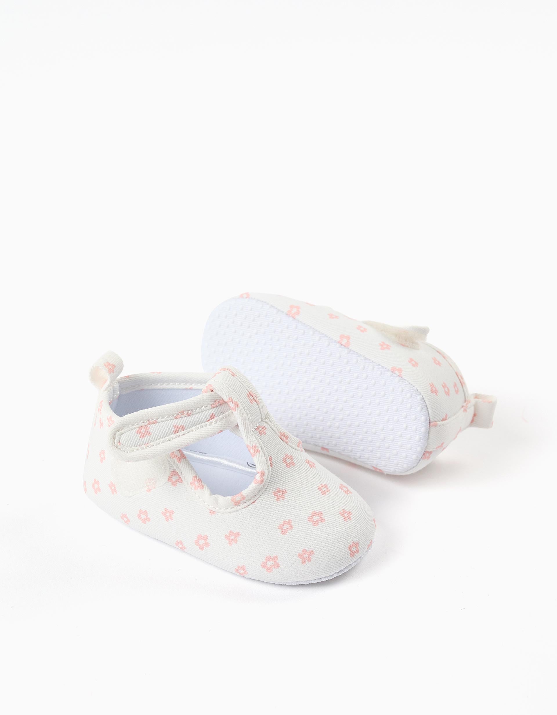 Canvas T-bar shoes with floral motif for newborn girls, white/pink – ZIPPY