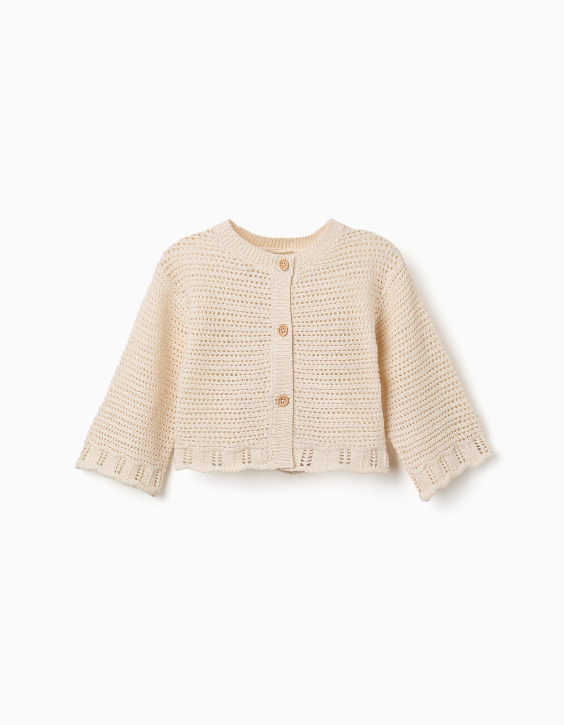 Cotton knit jacket with openwork details for girls, light beige – ZIPPY