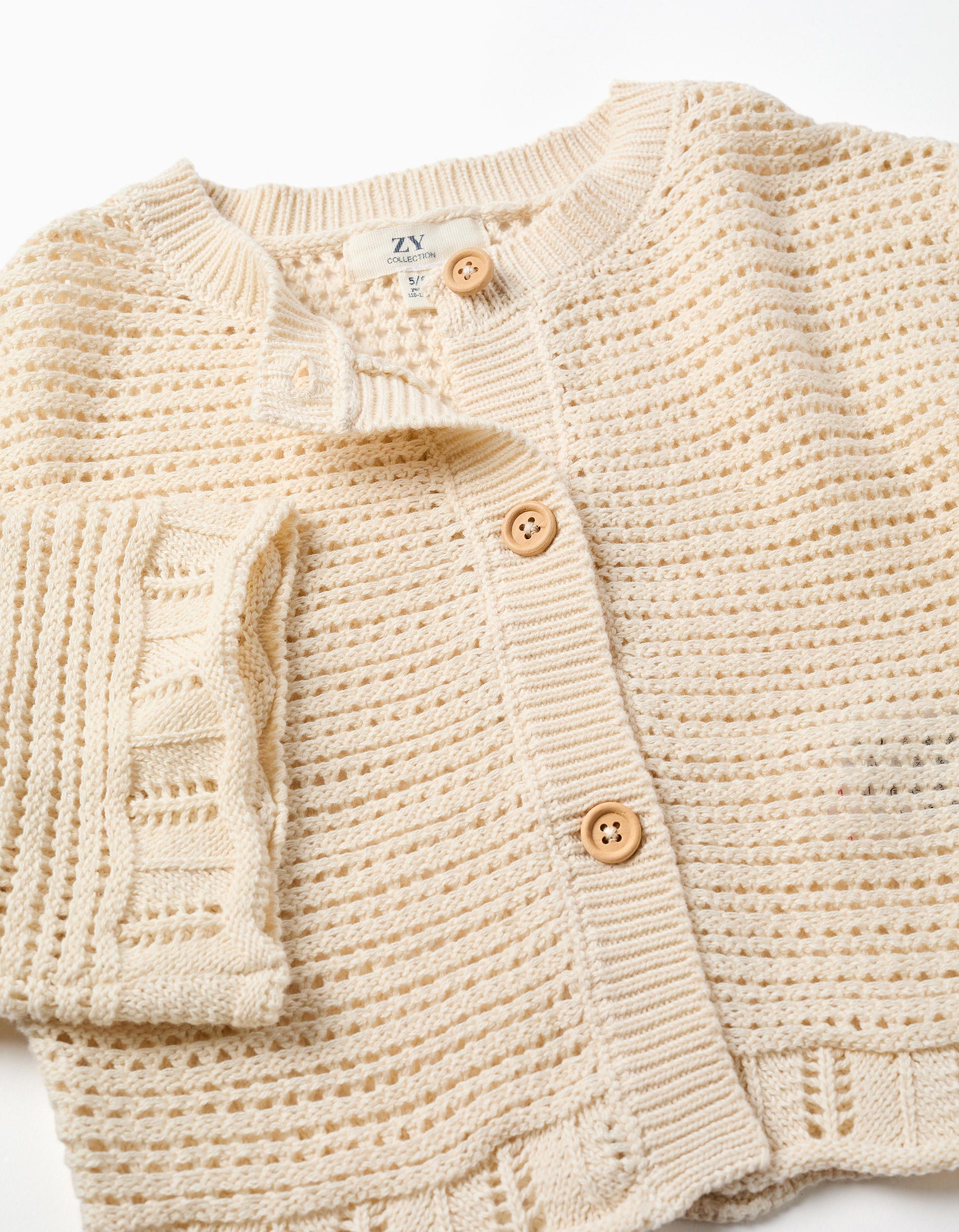 Cotton knit jacket with openwork details for girls, light beige – ZIPPY